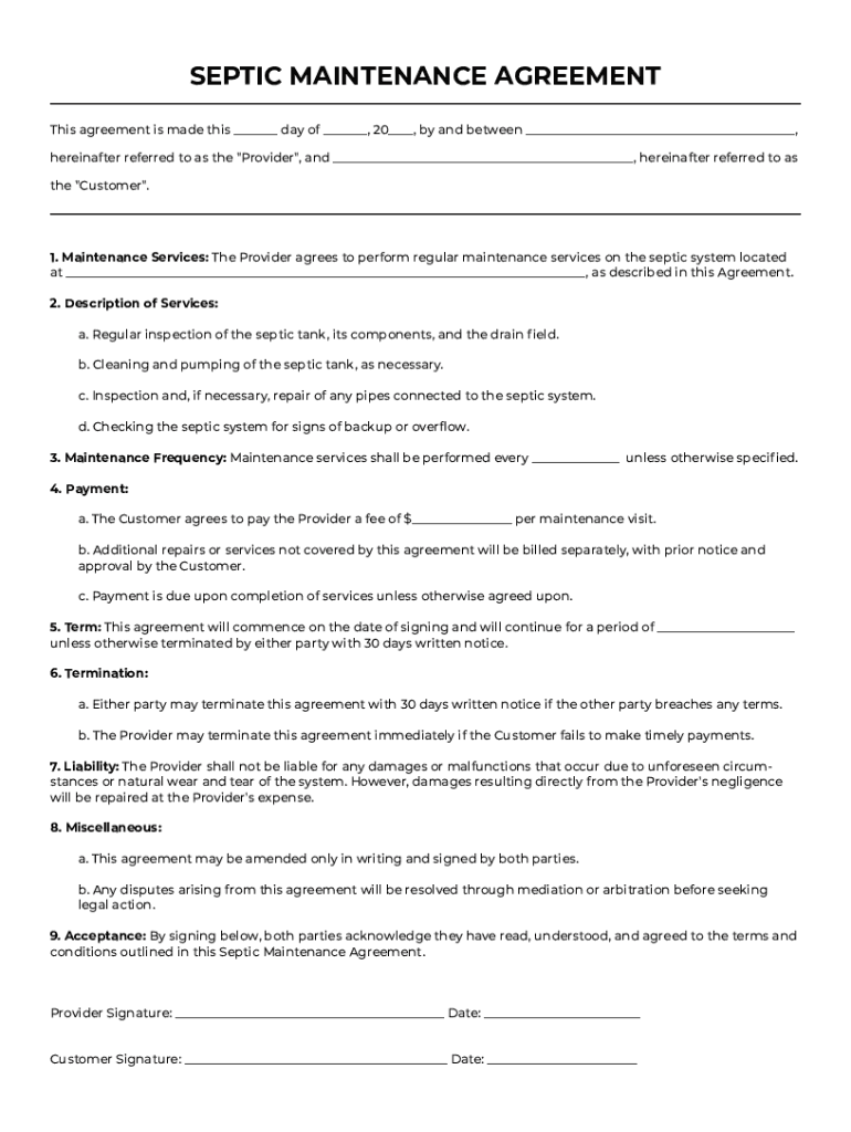 Fillable Online 1764576Septic Maintenance Agreement Template110223 Fax ...
