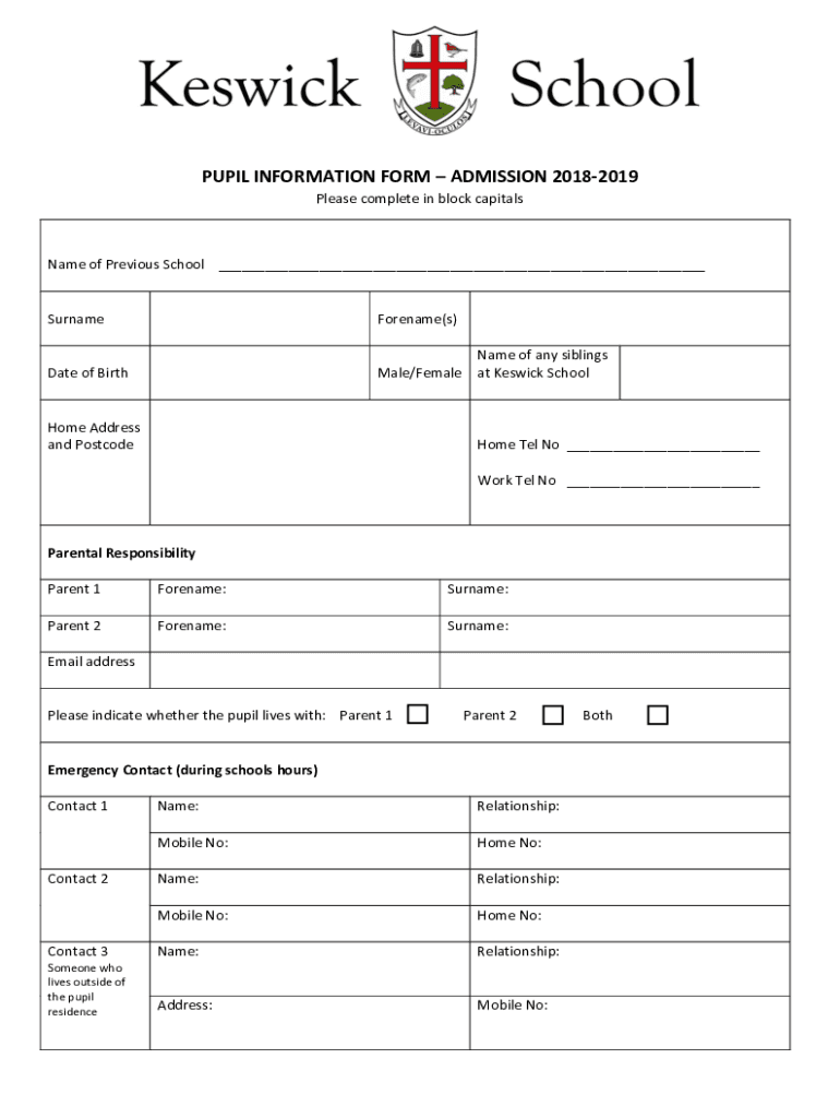 Fillable Online PUPIL INFORMATION FORM ADMISSION 2018-2019 Fax Email ...