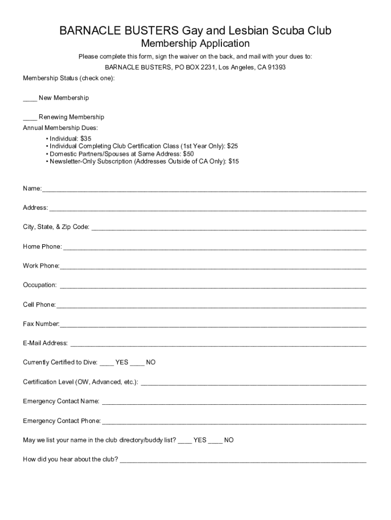 Fillable Online Barnacle BustersProudly serving the LGBT Scuba Diving ...