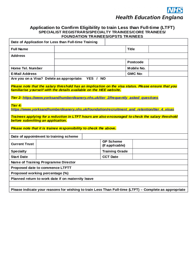 Eligibility Assessment & Training Plan for LTFT Training Doc Template ...