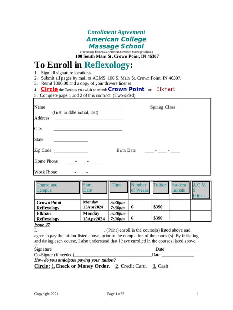 American College Massage School - Enrollment Doc Template Doc Template | pdfFiller