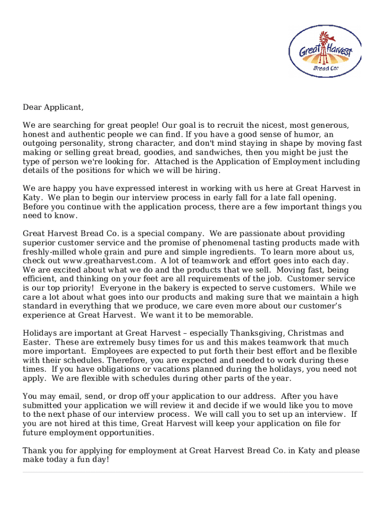 Dear Applicant, We are searching for great people! Our goal is ... Doc Template | pdfFiller