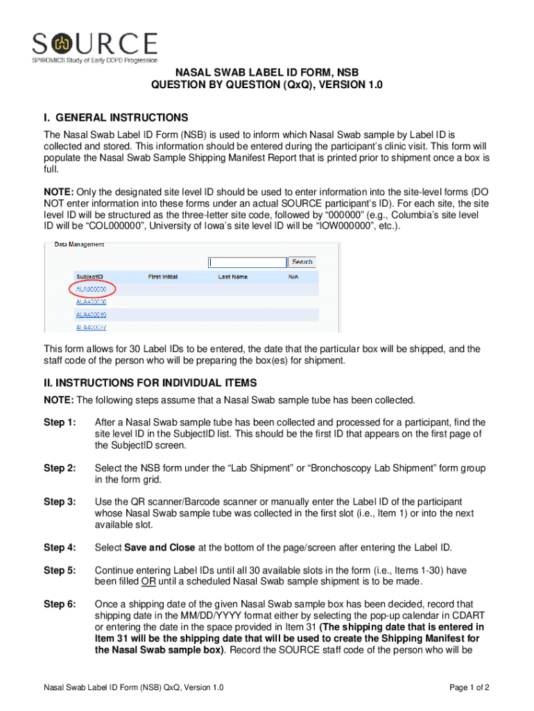 Fillable Online NASAL SWAB LABEL ID FORM, NSB QUESTION BY ... Fax Email ...