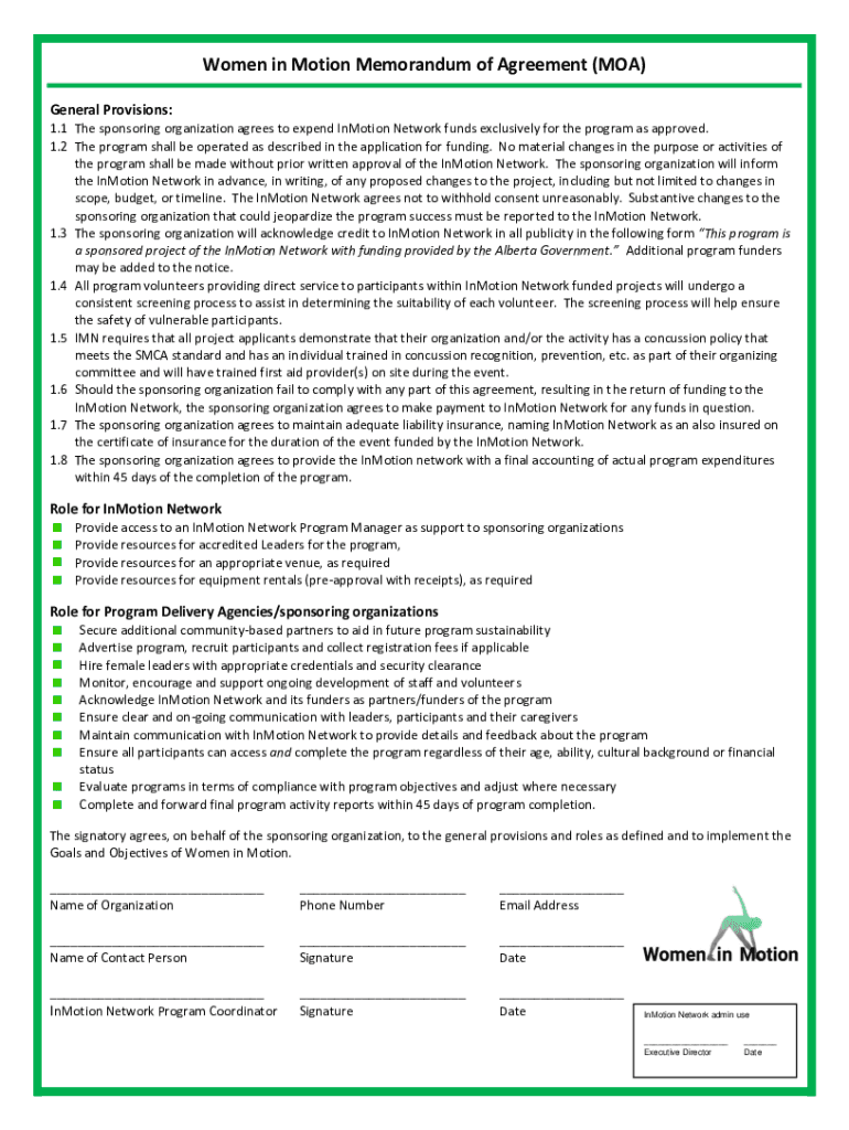 Fillable Online Women in Motion Memorandum of Agreement (MOA) Fax Email ...