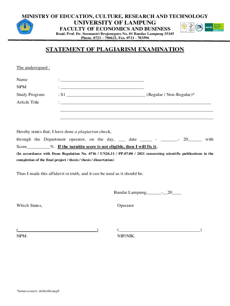 Fillable Online statement of plagiarism examination Fax Email Print - pdfFiller