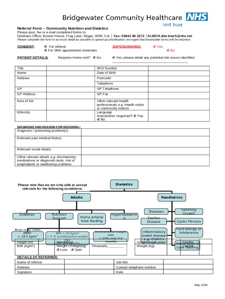 Community dietetics paediatric referral Doc Template | pdfFiller