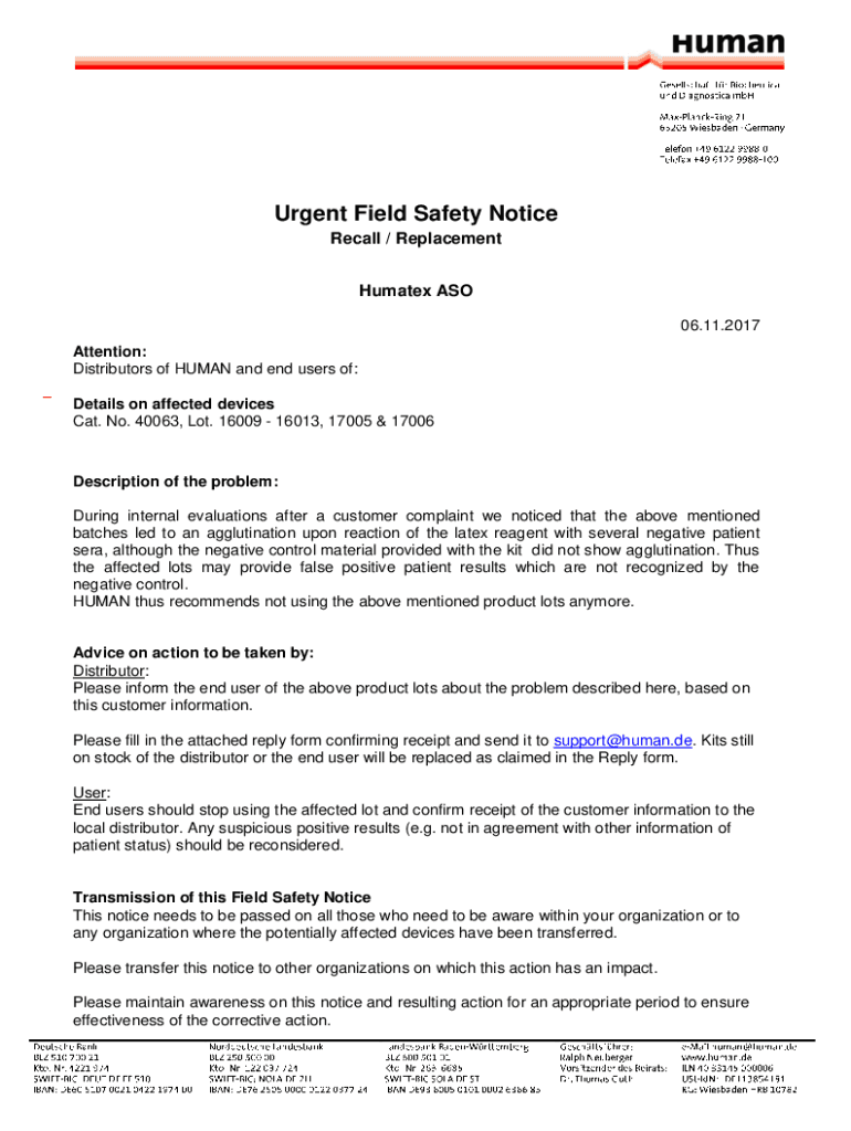 Fillable Online URGENT FIELD SAFETY NOTICE Recall of a lot of the ... Fax Email Print - pdfFiller