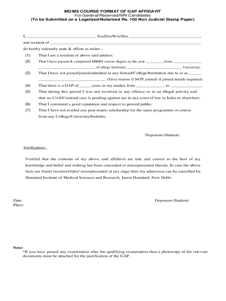 Fillable Online (At Rs. 100 stamp paper) AFFIDAVIT FOR GAP PERIOD Fax Email Print - pdfFiller