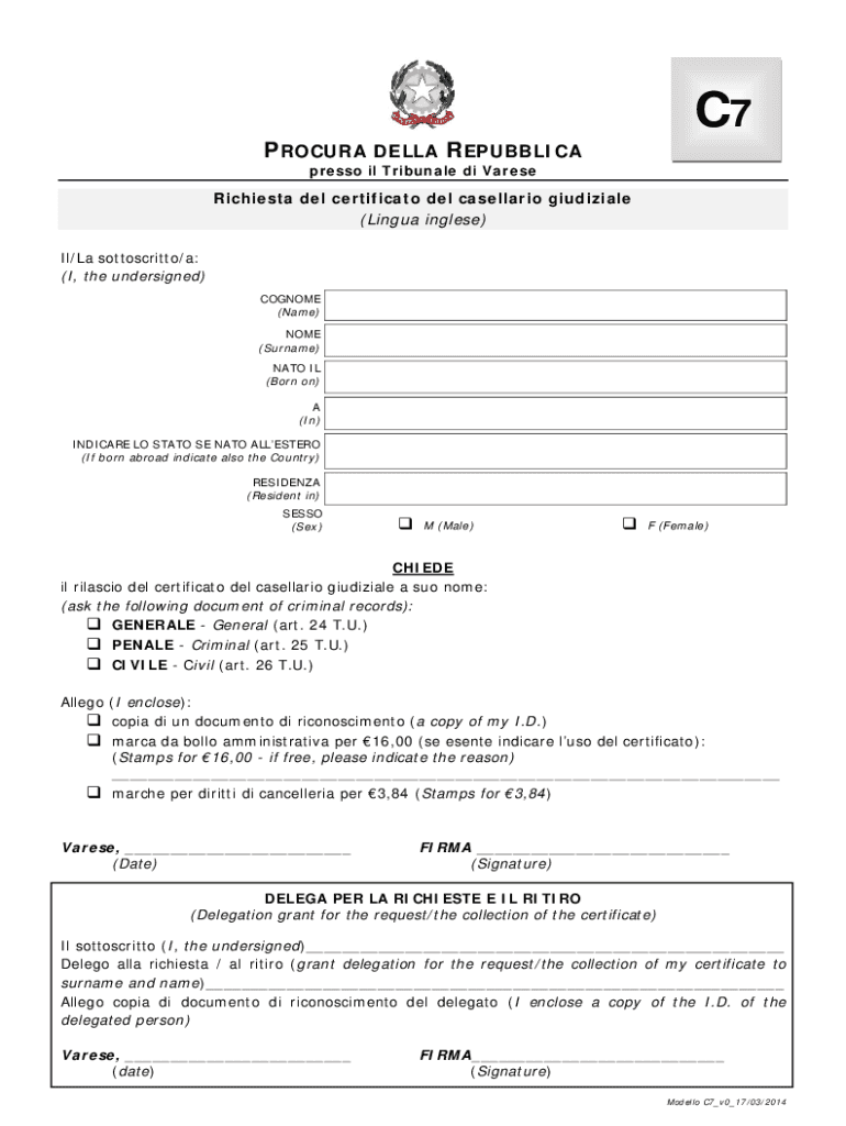 Compilabile Online Certificato del Casellario Giudiziale in INGLESE Fax ...