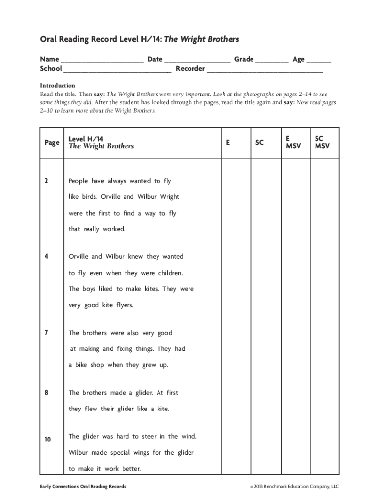 Fillable Online Oral Reading Record Level H/14: The Wright Brothers Fax ...
