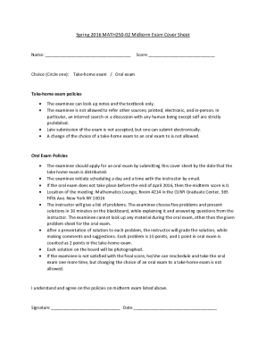 Fillable Online Spring 2016 MATH250-02 Midterm Exam Cover Sheet Fax ...