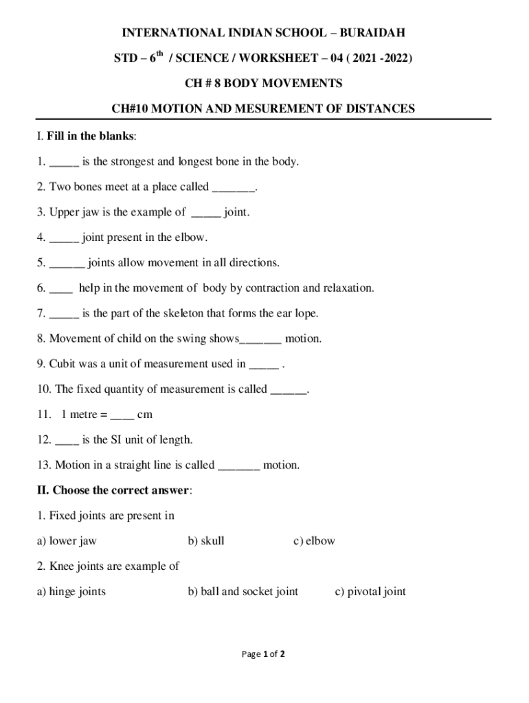 Fillable Online Motion and Measurement of distances worksheet for Class ...