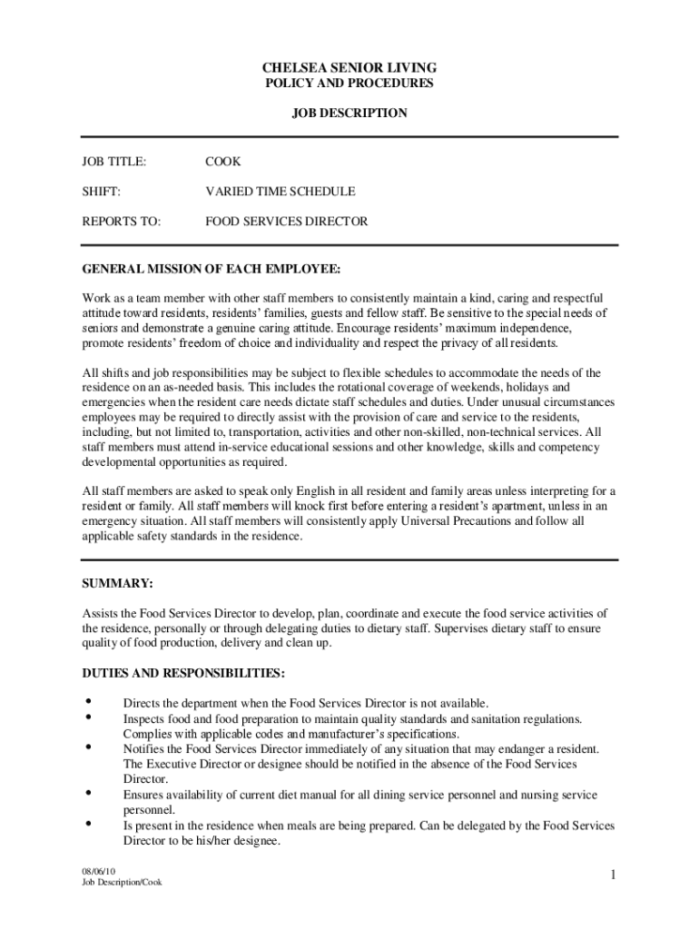 Fillable Online Job Description - Dietary Service Worker-Continuous ...