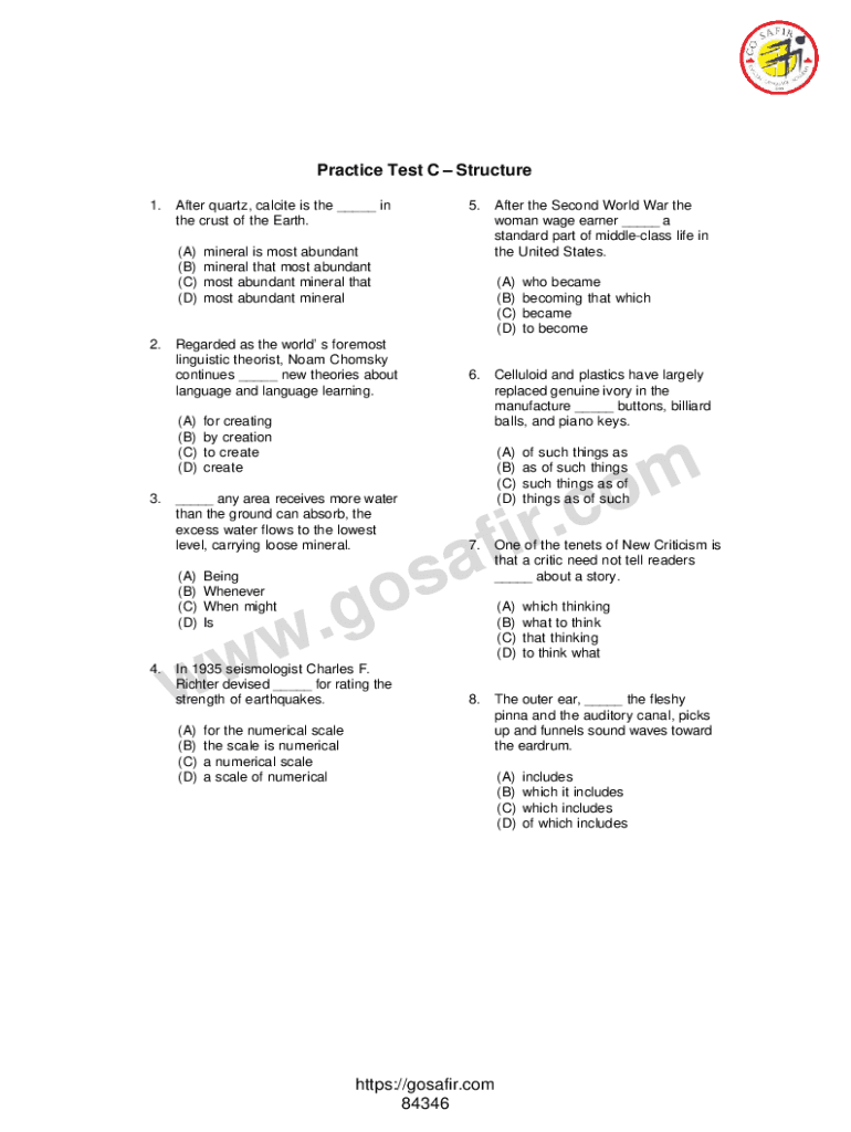Fillable Online Practice Structure C - Practice Test C Structure 1 ...