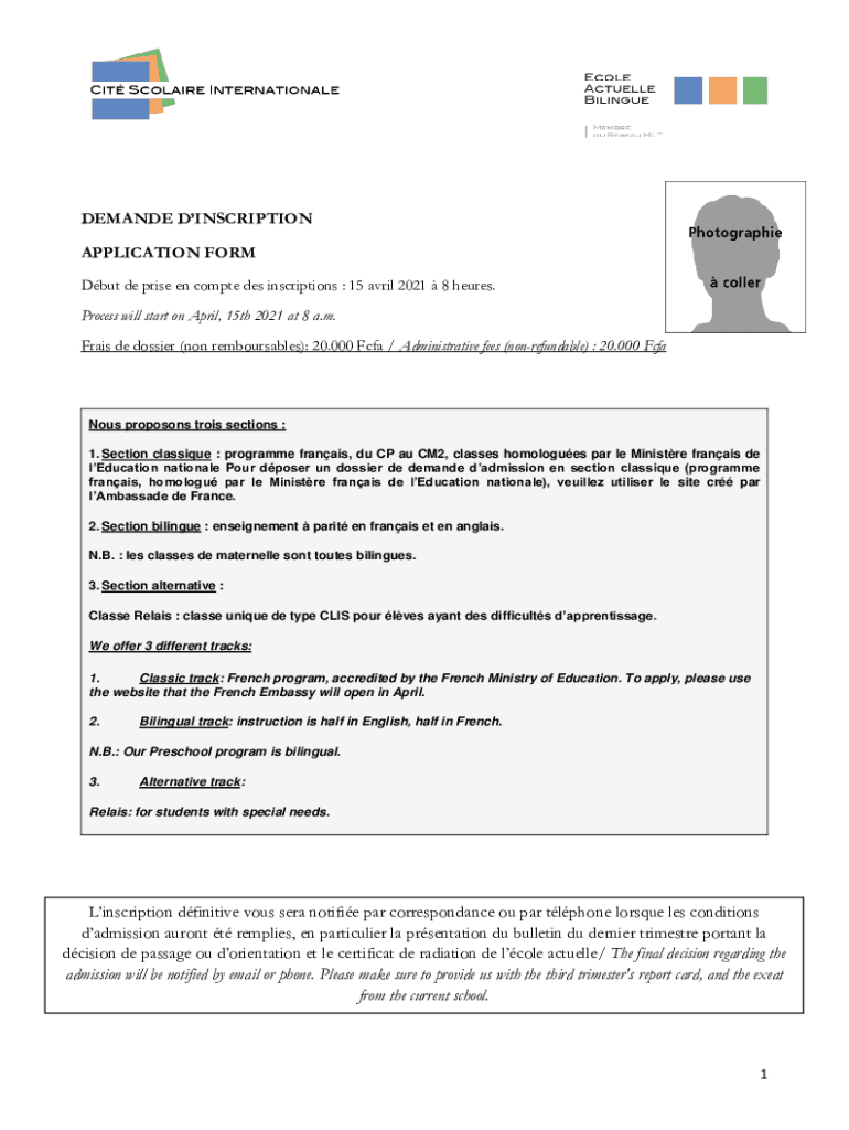 Remplissable En Ligne DEMANDE D'INSCRIPTION APPLICATION FORM Fax Email Imprimer - pdfFiller