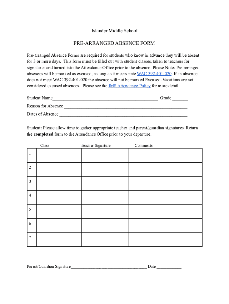 Fillable Online Islander Middle School - PRE-ARRANGED ABSENCE FORM Fax ...