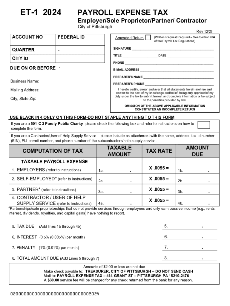 Fillable Online apps pittsburghpa Fillable ET-1 2021 PAYROLL EXPENSE TAX Employer/ ... Fax Email ...