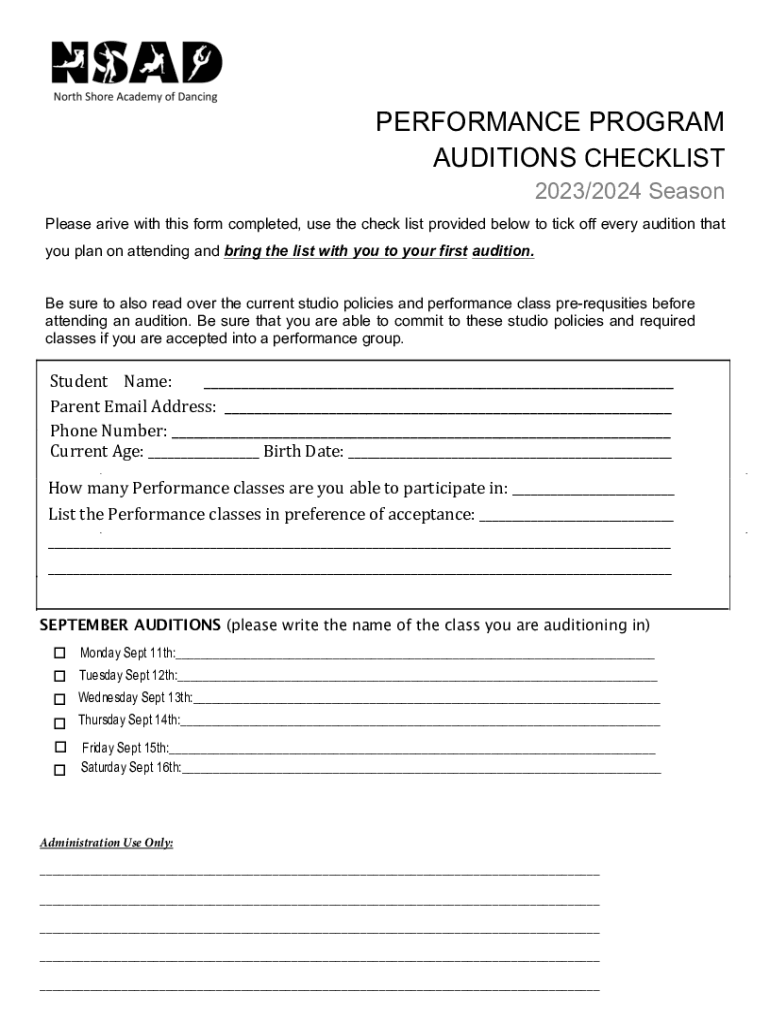 Fillable Online PERFORMANCE PROGRAM AUDITIONS CHECKLIST Fax Email Print - pdfFiller