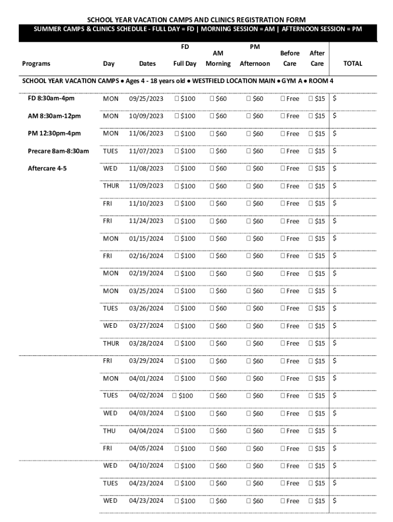 Fillable Online 2023 2024 SCHOOL YEAR VACATION CAMPS REGISTRATION FORM ...