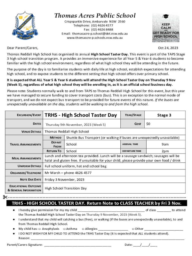 Fillable Online Thomas Reddall High School taster day permission note ...