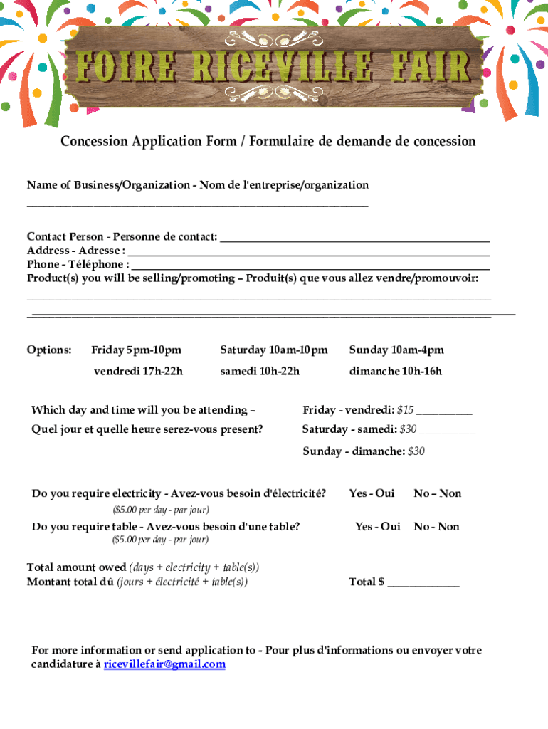 Fillable Online Concession Application Form / Formulaire de demande de ... Fax Email Print ...