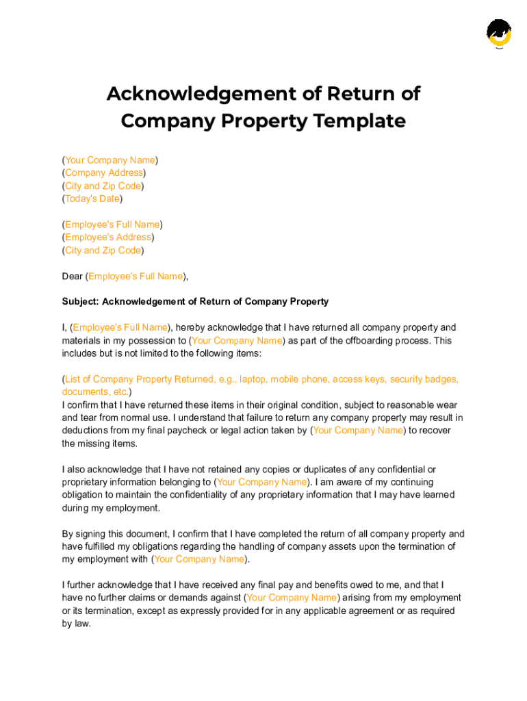 Fillable Online Folks - Acknowledgement of Return of Company Property Template Fax Email Print ...