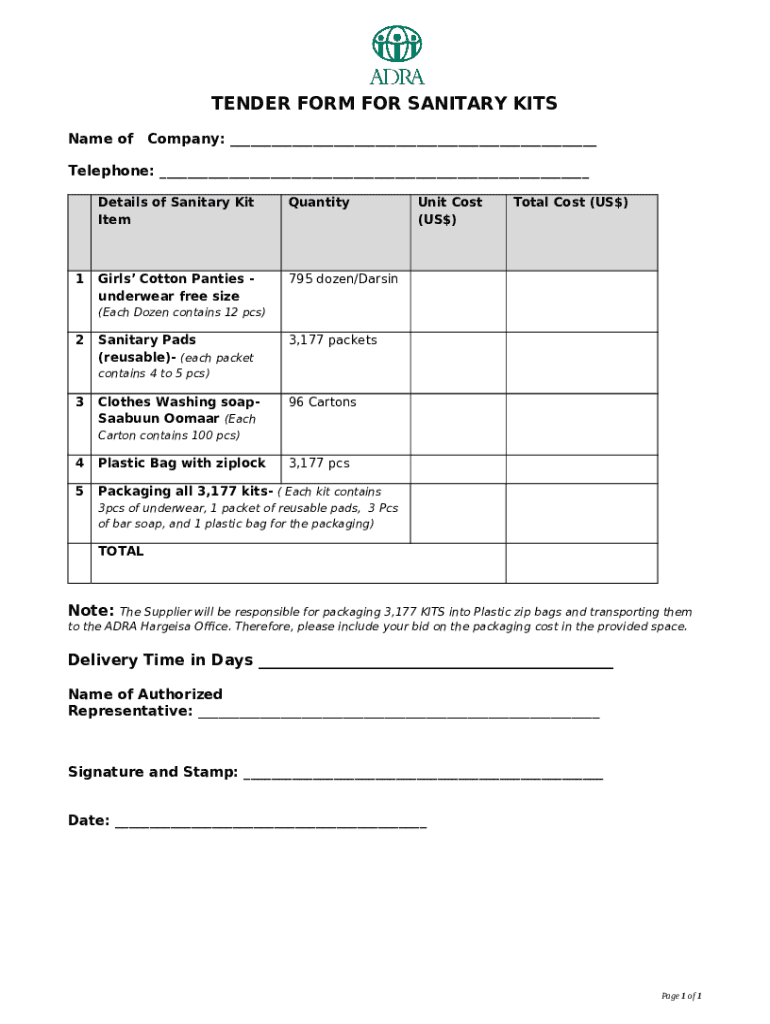 tender for sanitary kits Doc Template | pdfFiller