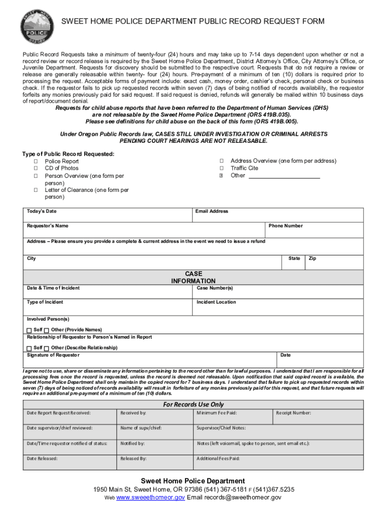 Fillable Online Sweet Home Police Department Public Record Request ...