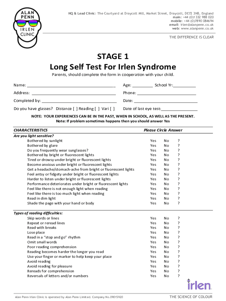Fillable Online STAGE 1 Long Self Test For Irlen Syndrome Fax Email ...