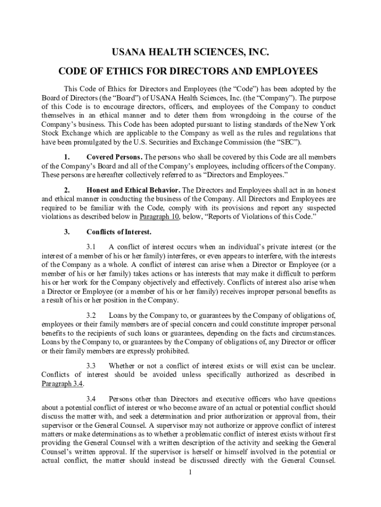 Fillable Online usana health sciences, inc. code of ethics for ...