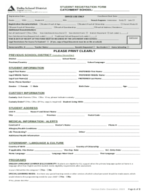 Fillable Online gr deltasd bc student registration form - catchment ...