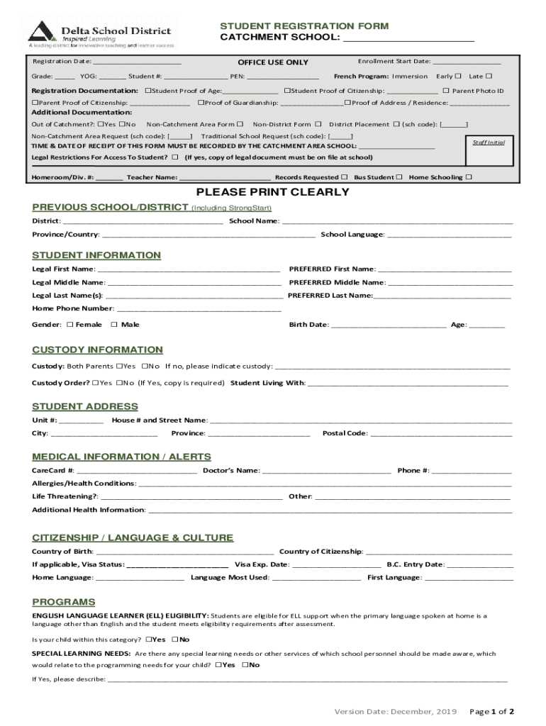 Fillable Online gr deltasd bc student registration form - catchment school Fax Email Print ...