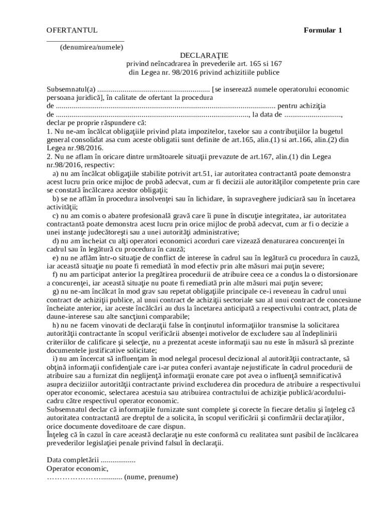 Declaraie privind nencadrarea n prevederile art 164, ... Doc Template ...