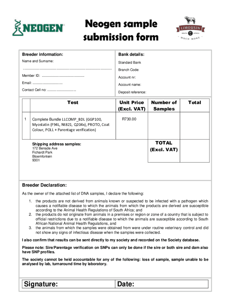 Fillable Online Neogen sample submission form Fax Email Print - pdfFiller