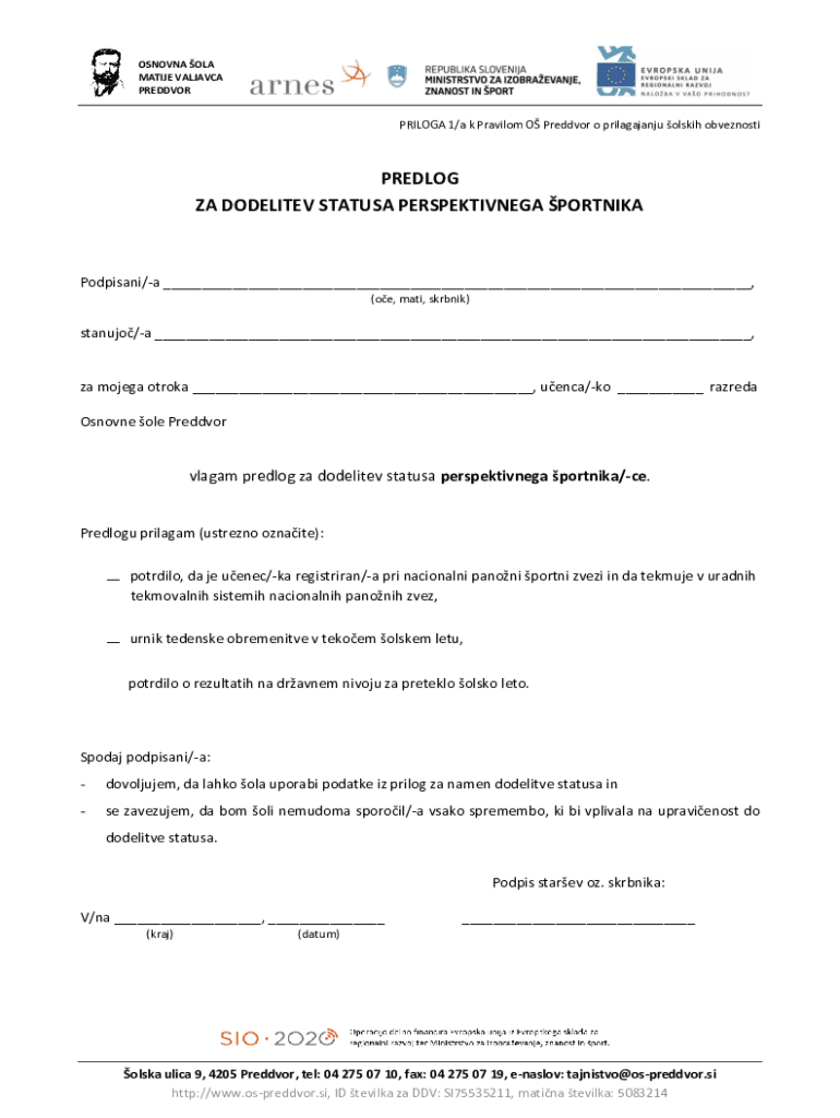 Fillable Online PRILOGA 1/a k Pravilom O Preddvor o prilagajanju olskih ...