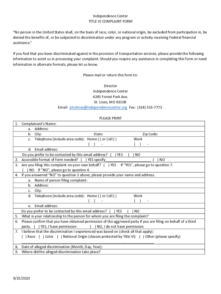 Fillable Online Independence Center TITLE VI COMPLAINT FORM No person ...