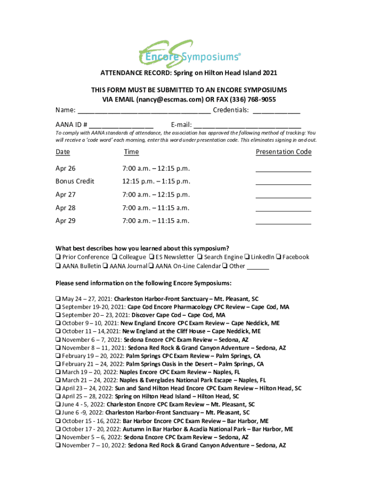 Fillable Online ATTENDANCE RECORD: Spring on Hilton Head Island 2021 Fax Email Print - pdfFiller