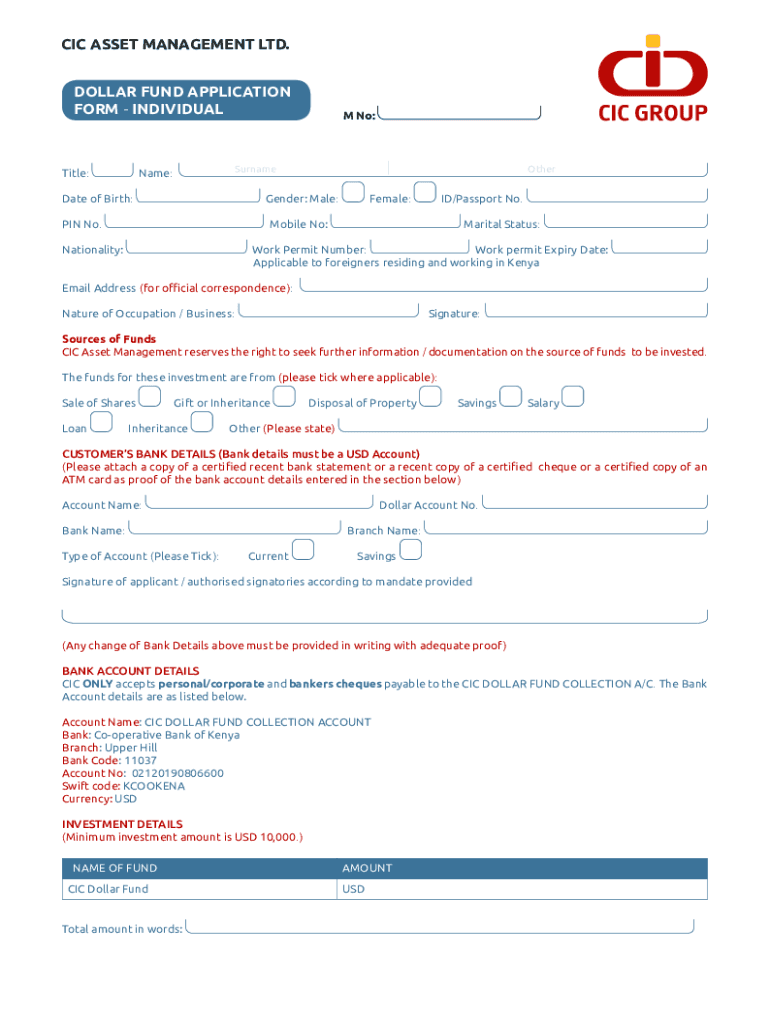 Fillable Online cic asset management ltd. - dollar fund application ...