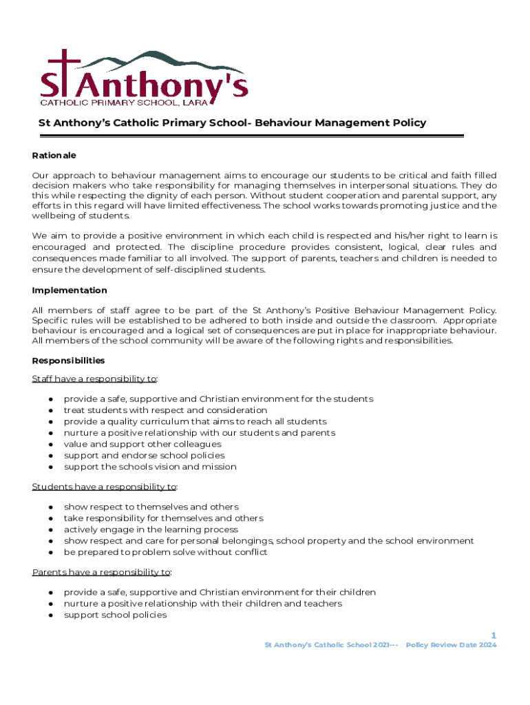 Fillable Online Student Behaviour Policy - St Anthony's Primary School ...
