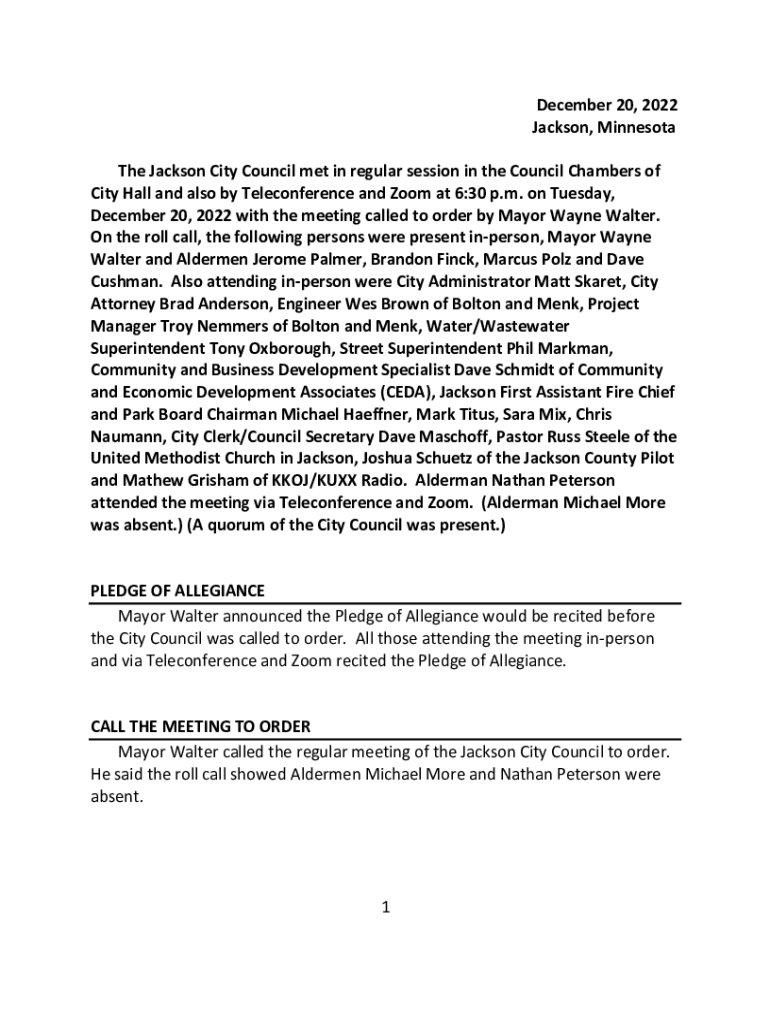 Fillable Online On the roll call, the following persons were present in-person, Mayor Wayne Fax ...