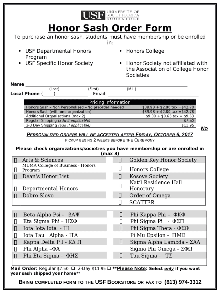 Online usfweb2 usf Honor Sash Order Doc Template | pdfFiller