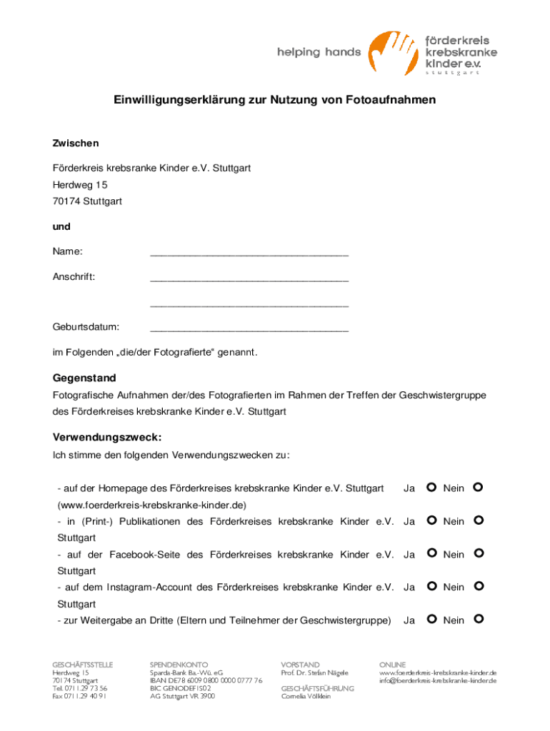Ausfüllbar Online Einwilligungserklrung zur Nutzung von Fotoaufnahmen Fax Email Drucken - pdfFiller