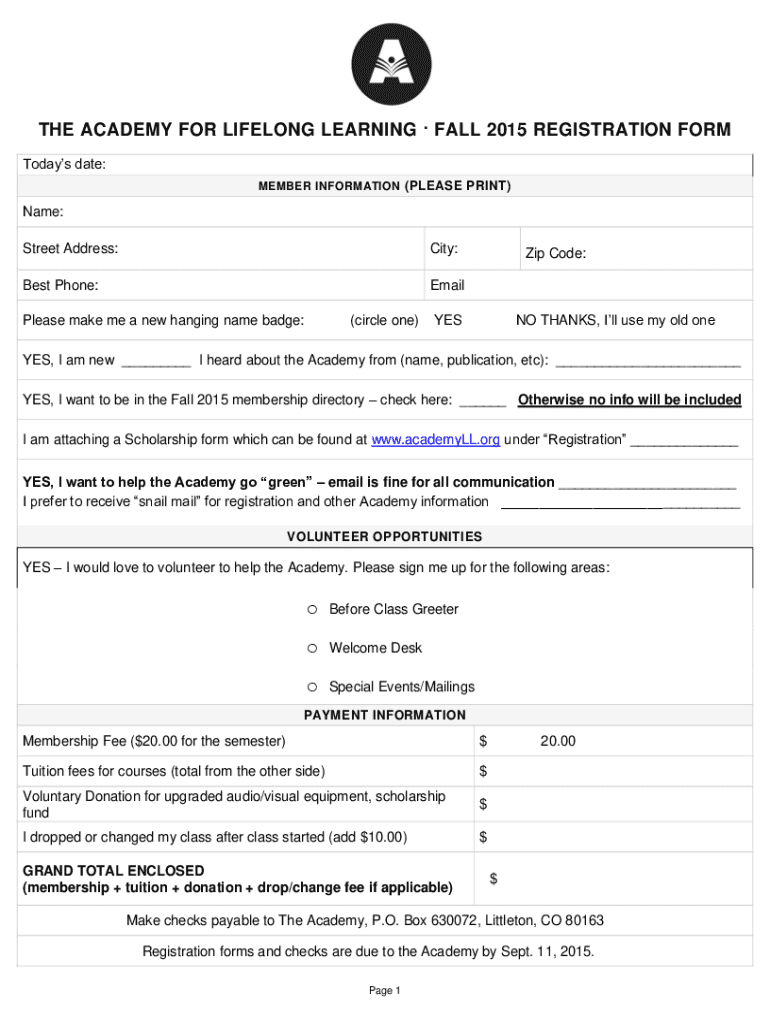 Fillable Online RegistrationThe Academy for Lifelong Learning Fax Email ...