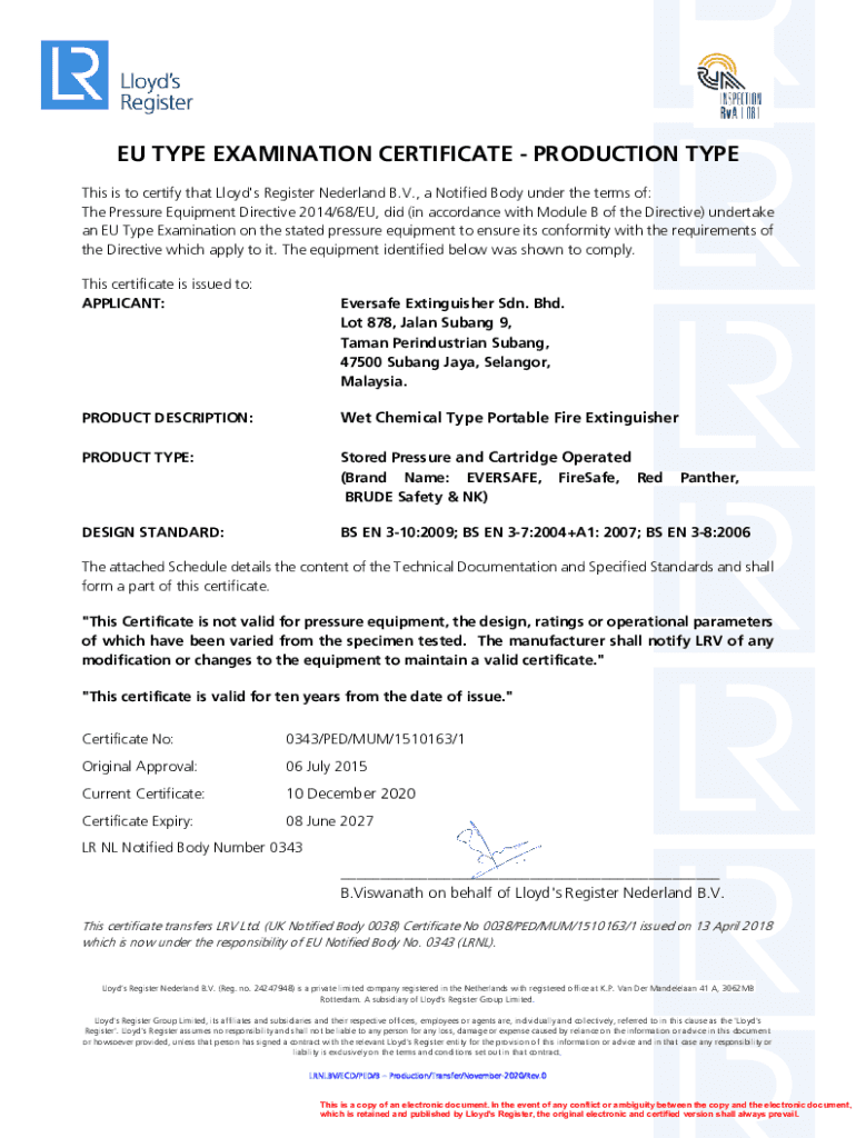 Fillable Online EU TYPE EXAMINATION CERTIFICATE - DESIGN TYPE Fax Email ...