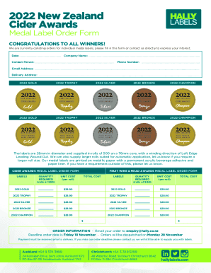 Fillable Online Hally Labels Medal Label Order Form 2022 New Zealand ...