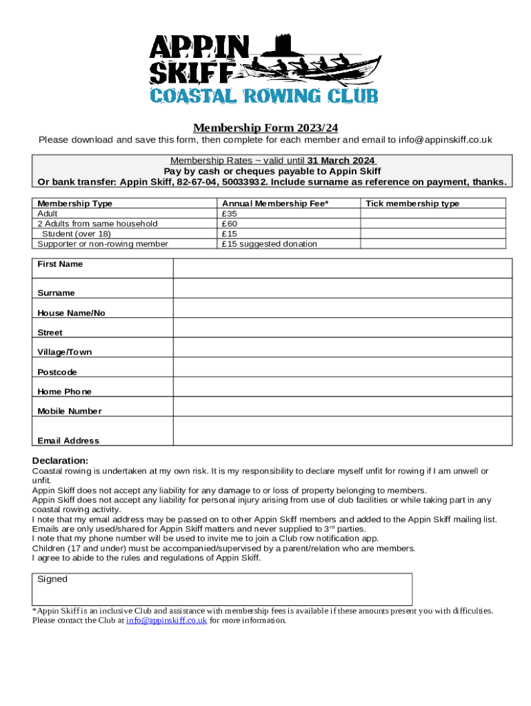 Appin Skiff Coastal Rowing Club Doc Template | pdfFiller