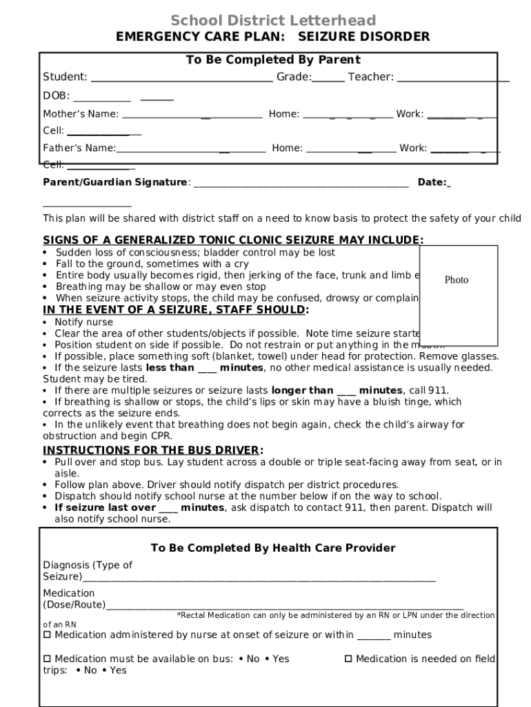Seizure Emergency Care Plan and Medication ... Doc Template | pdfFiller