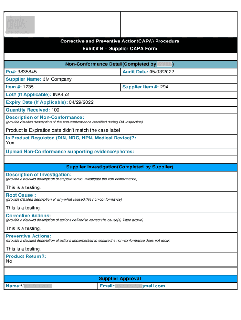 Fillable Online Supplier CAPA Form Non-Conformance Detail(Completed ...