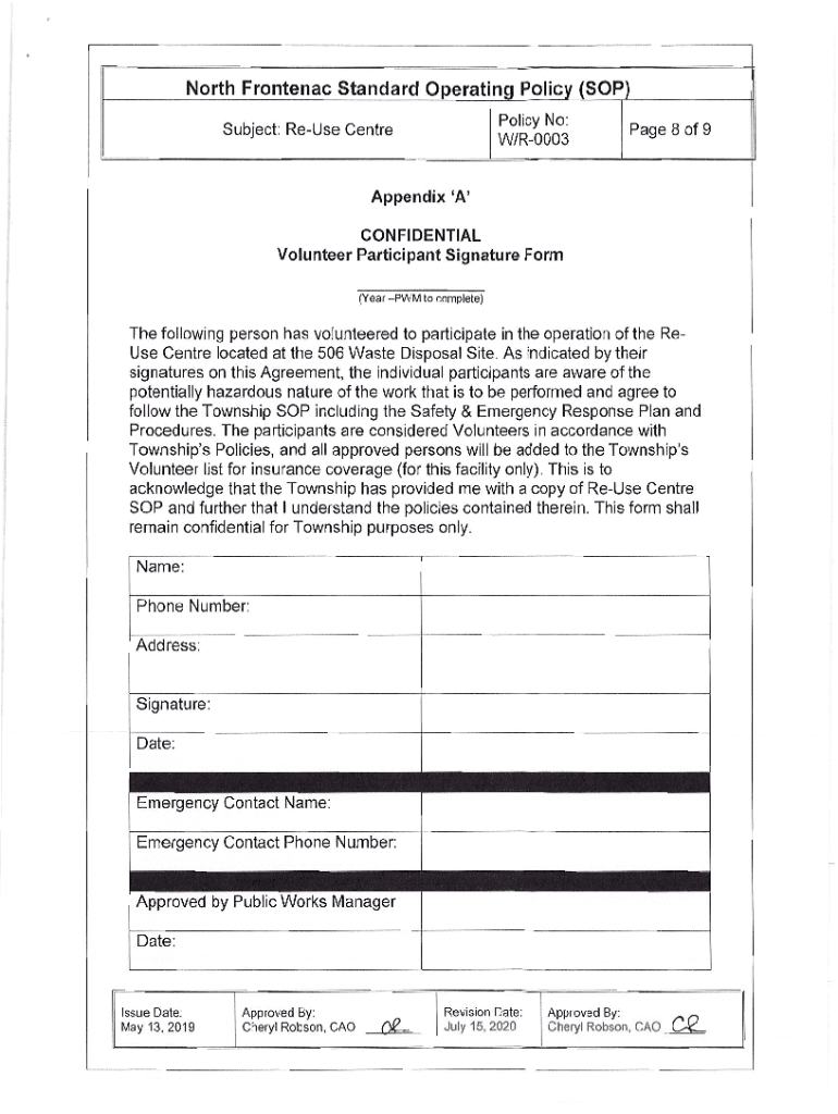Fillable Online Reuse Center Volunteer Participant Signature Form Fax ...