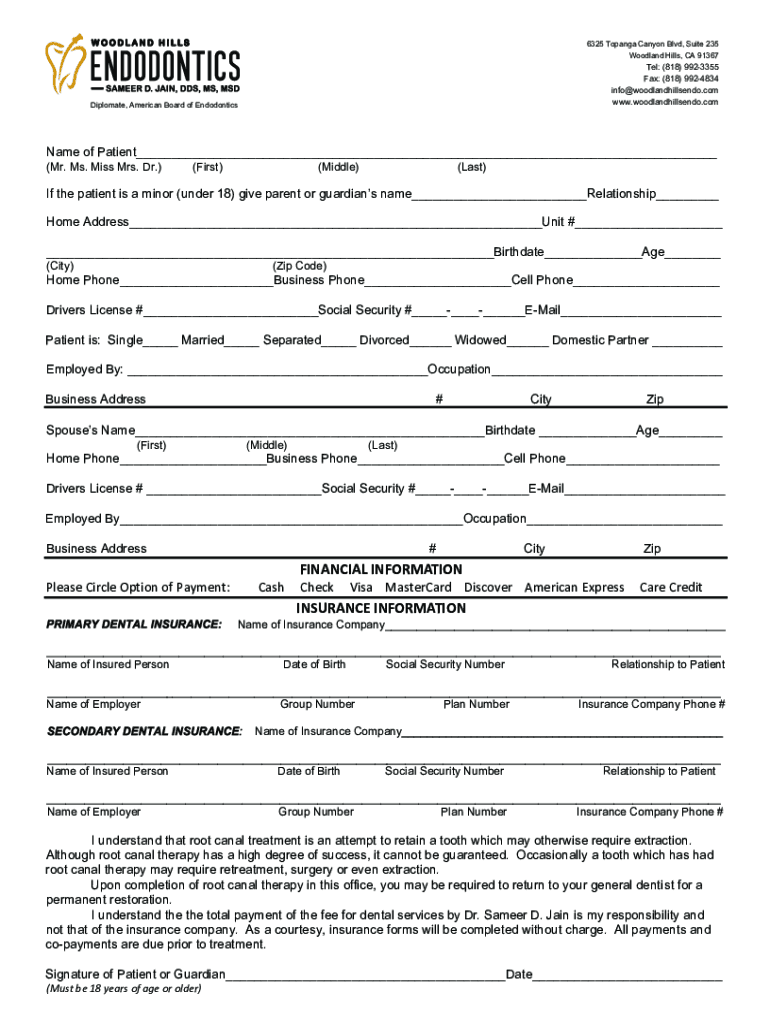 Fillable Online Woodland Hills Endodontics - Sameer Jain, DDS, MS, MSD Fax Email Print - pdfFiller